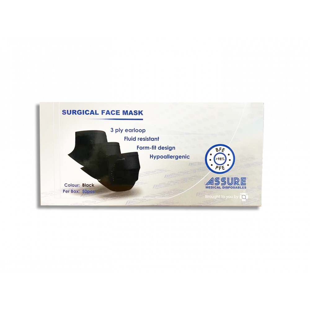 Assure Black Surgical Face Mask 3-Ply with Earloop, ASTM Level 2 ...